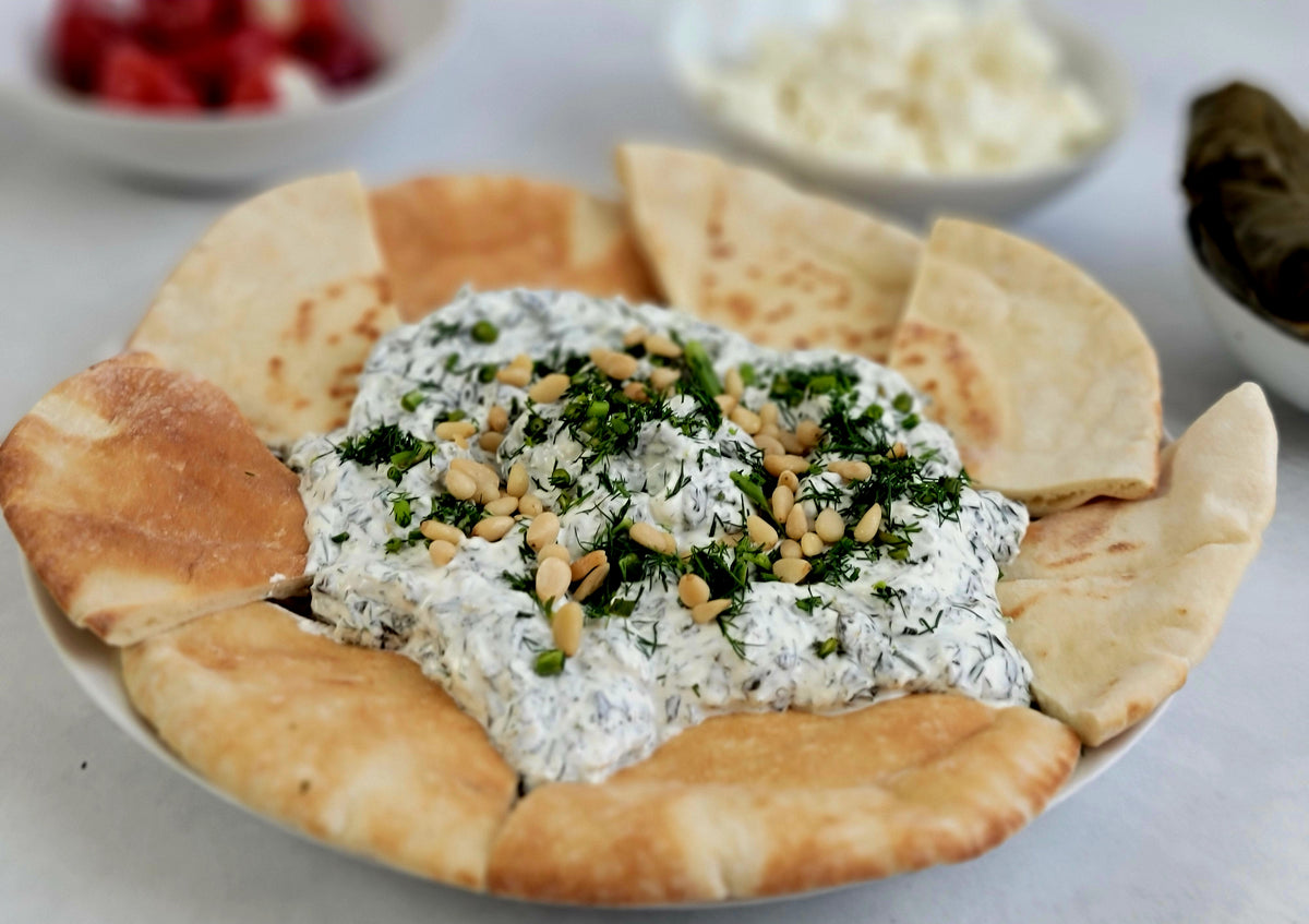 Turkish-Style Yogurt Spinach Dip with Pita Bread, Feta Cheese and Stuf ...