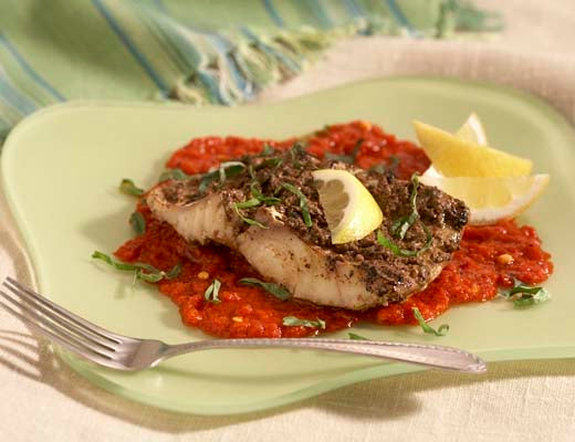 Grilled Fish with Pesto and Red Bell Pepper Puree — Melissas Produce
